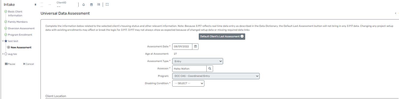 Entry Assessment - Housing Forward